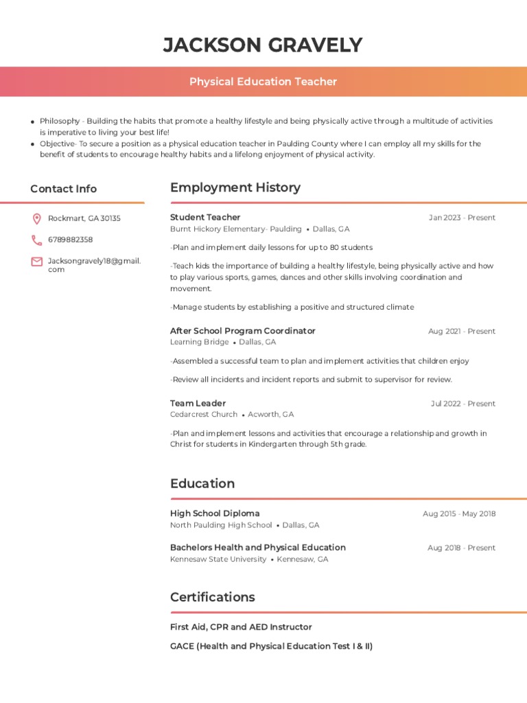 Jackson Gravely Final Resume | PDF | Physical Education