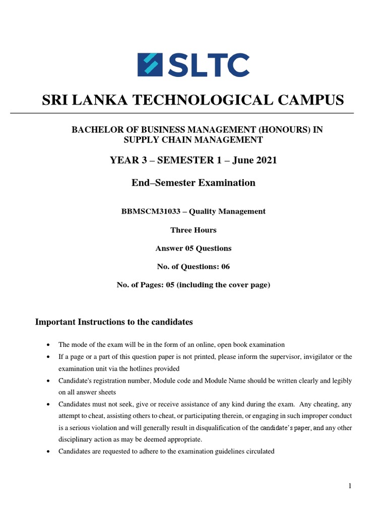 End Semester Examination Paper - BBMSCM31033 - Quality Management (July ...