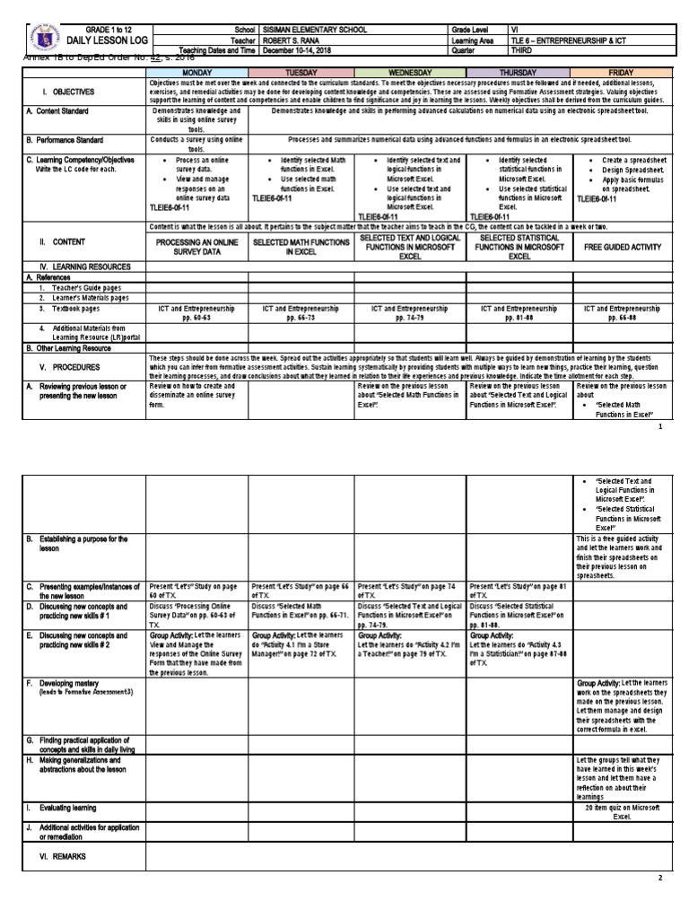 DLL Epp6-Ict Q1 W6 | PDF | Educational Technology | Microsoft Excel