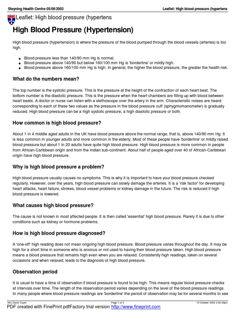Leaflet - High Blood Pressure (H | PDF | Blood Pressure | Hypertension