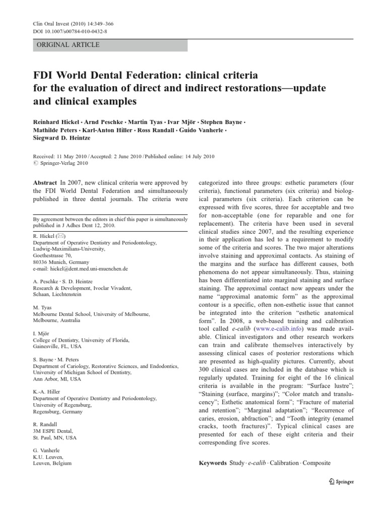 Hikel 2010 - FDI Clinical Criteria For The Evaluation of Direct and ...