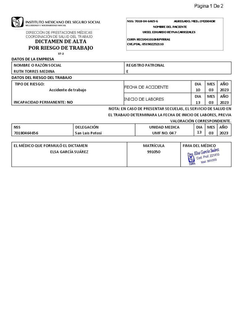 Dictamen de Alta Por Riesgo de Trabajo: Datos de La Empresa | PDF