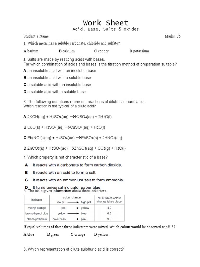 Acids, Bases, and Salts Worksheet | PDF | Acid | Salt (Chemistry)