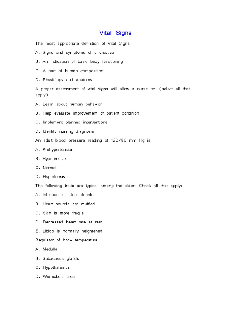 FON MCQs Vital Signs | PDF | Pulse | Blood Pressure