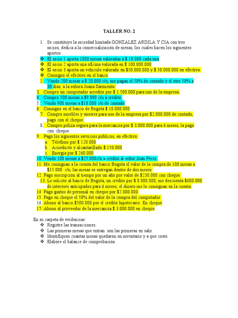 Taller - Ejercicios - Contabilidad 16 Octubre | PDF