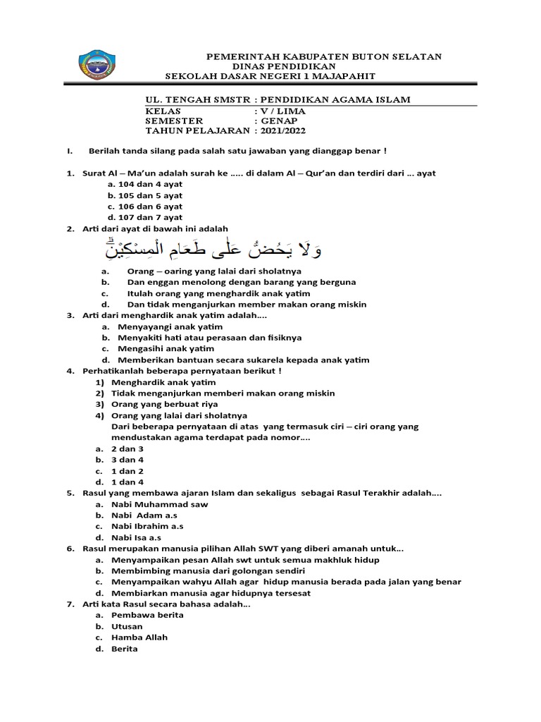 Soal Uts Pai Kelas 5 Semester 2 | PDF