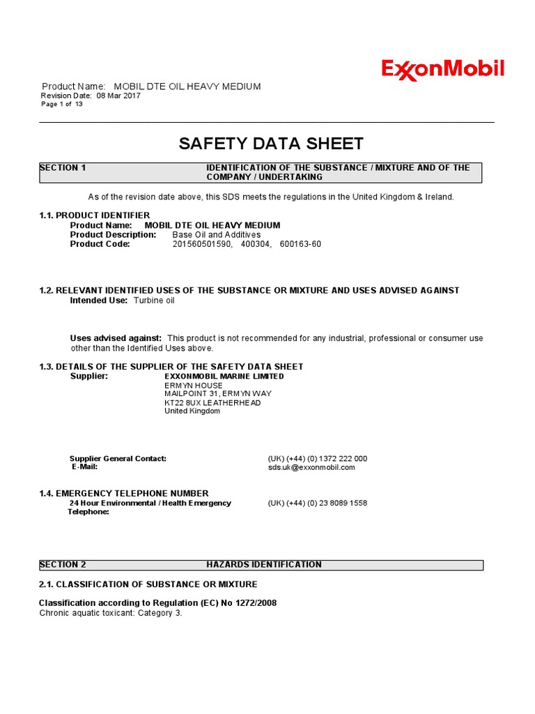 MOBIL DTE Oil Heavy Medium SDS | PDF | Toxicity | Waste Management