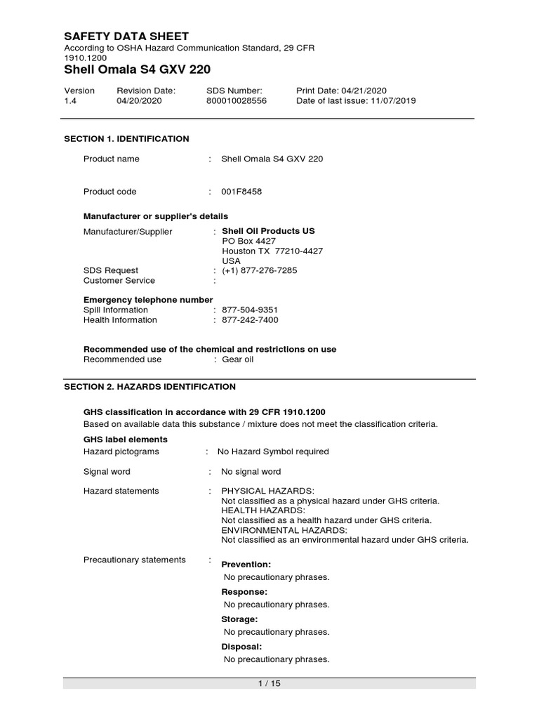 Omala S4 GXV 220 SDS | PDF | Personal Protective Equipment | Physical ...