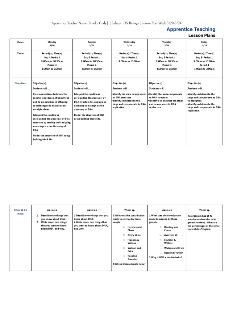 Lessons Plans Week 3 20-3 24 BC | PDF | Dna | Base Pair