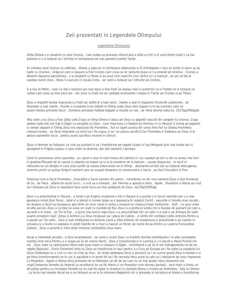 Legendele Olimpului Zeii Rezumat | PDF