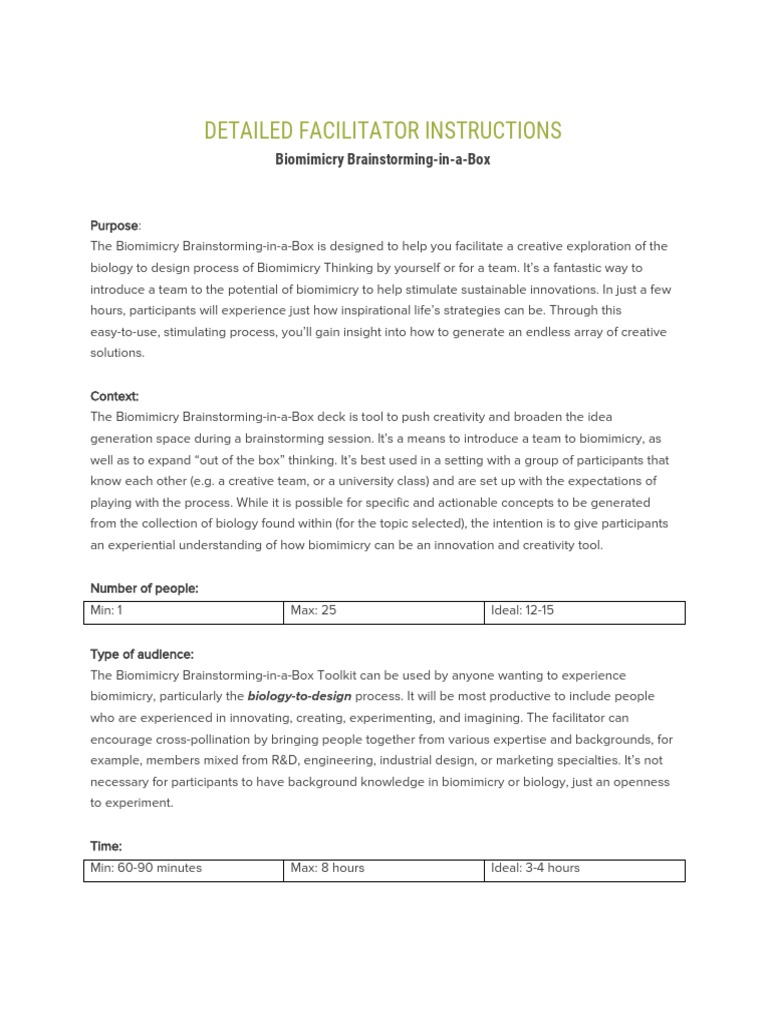Detailed Facilitator Instructions - Brainstorming-in-a-Box - Biomimicry38 | PDF