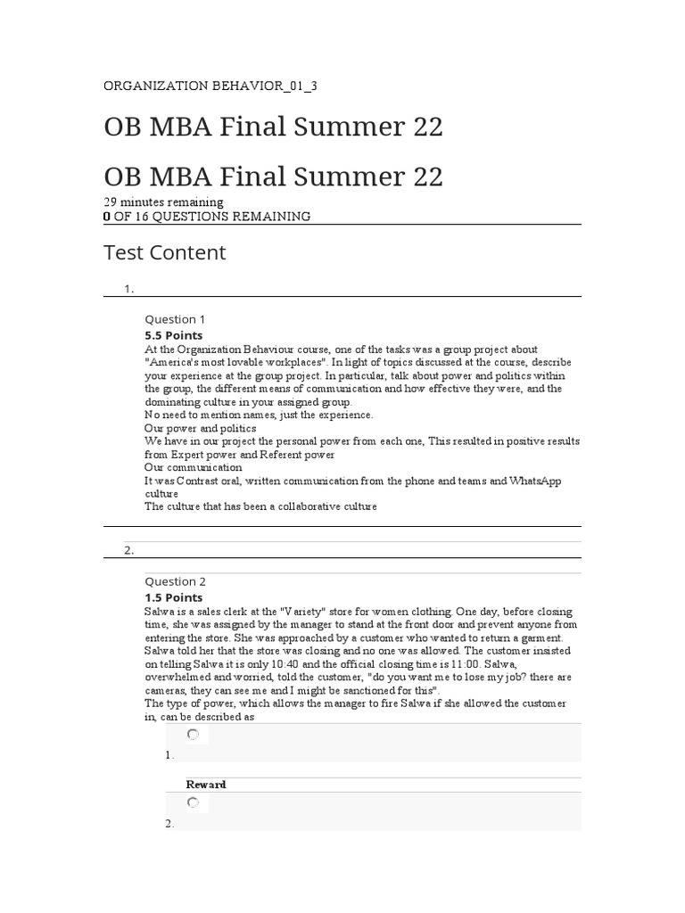 OB MBA Final Summer 22 OB MBA Final Summer 22: Test Content | PDF ...