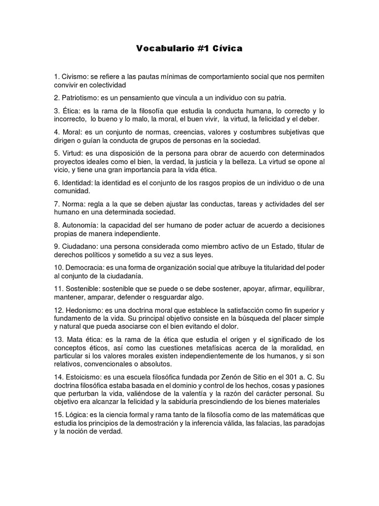 Vocabulario #1 Civica | PDF | Virtud | Moralidad