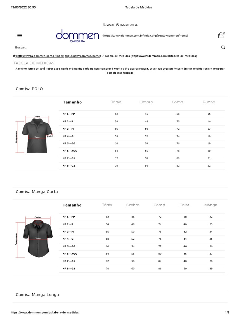 Tabela de Medidas de Roupas Dommen | PDF