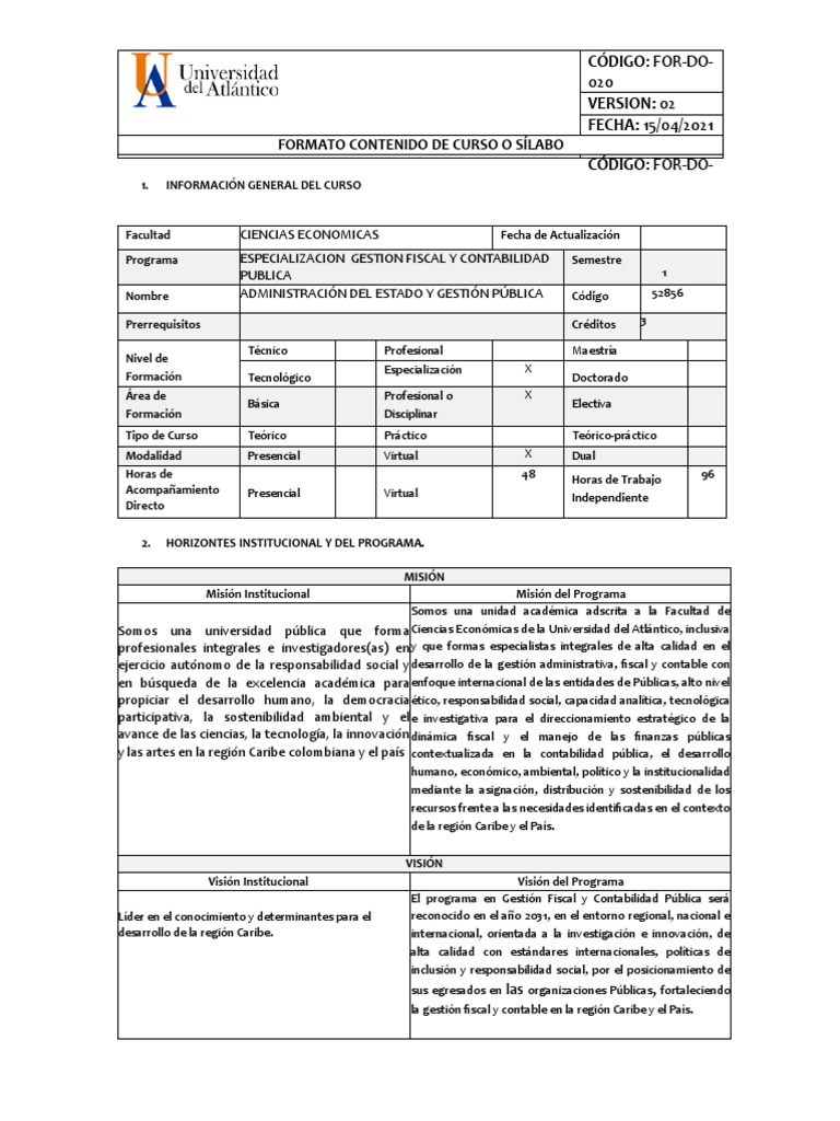 Formato Contenido de Curso o Silabo Gestion Posgrado | PDF ...