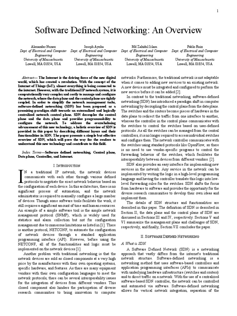 Software Defined Networking: An Overview: Alexander Nunez Joseph Ayoka MD Zahidul Islam Pablo ...