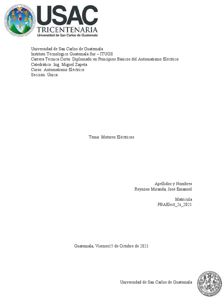 Tarea No1 Automatismo Usac | PDF | Motor eléctrico | Corriente eléctrica