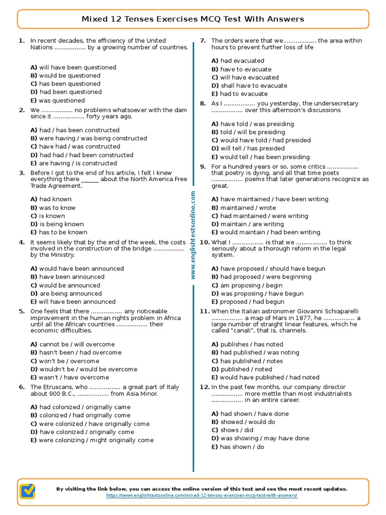 Mixed Tenses MCQ Test with Answers | PDF | Language Arts & Discipline | Art