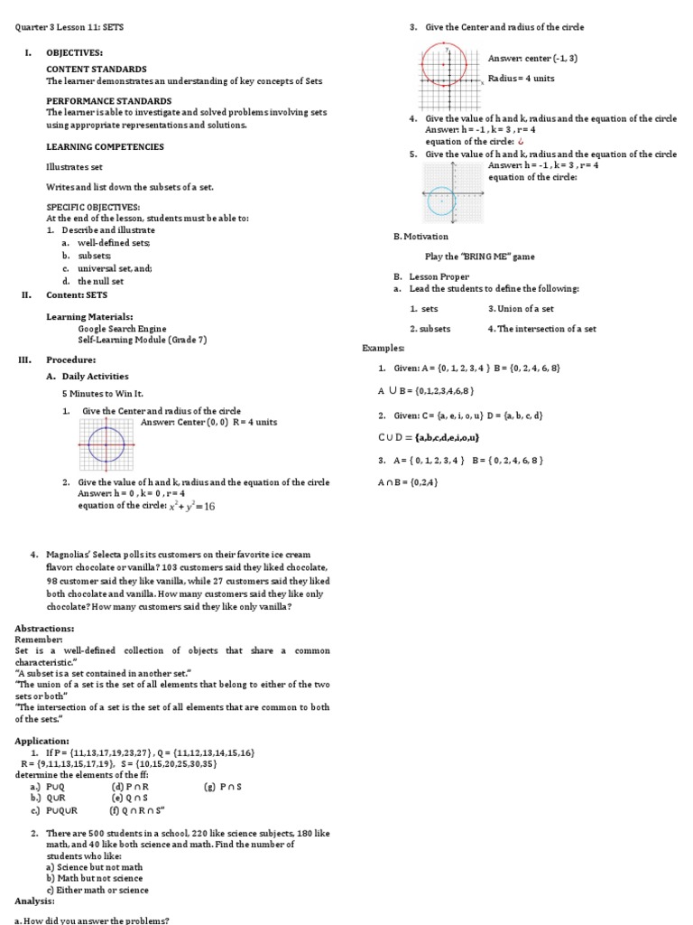 Q3 L11 - Sets | PDF | Mathematics | Equations