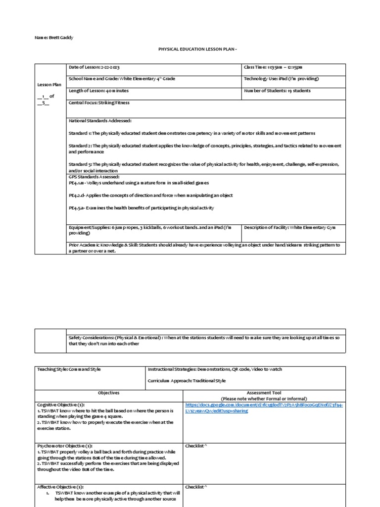 Pe Unit Plan | PDF | Lesson Plan | Physical Education