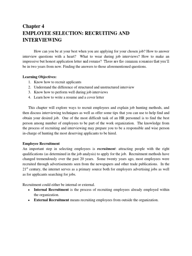 Chapter 4 Employee Selection Recruting and Interviewing | PDF | Recruitment | Résumé