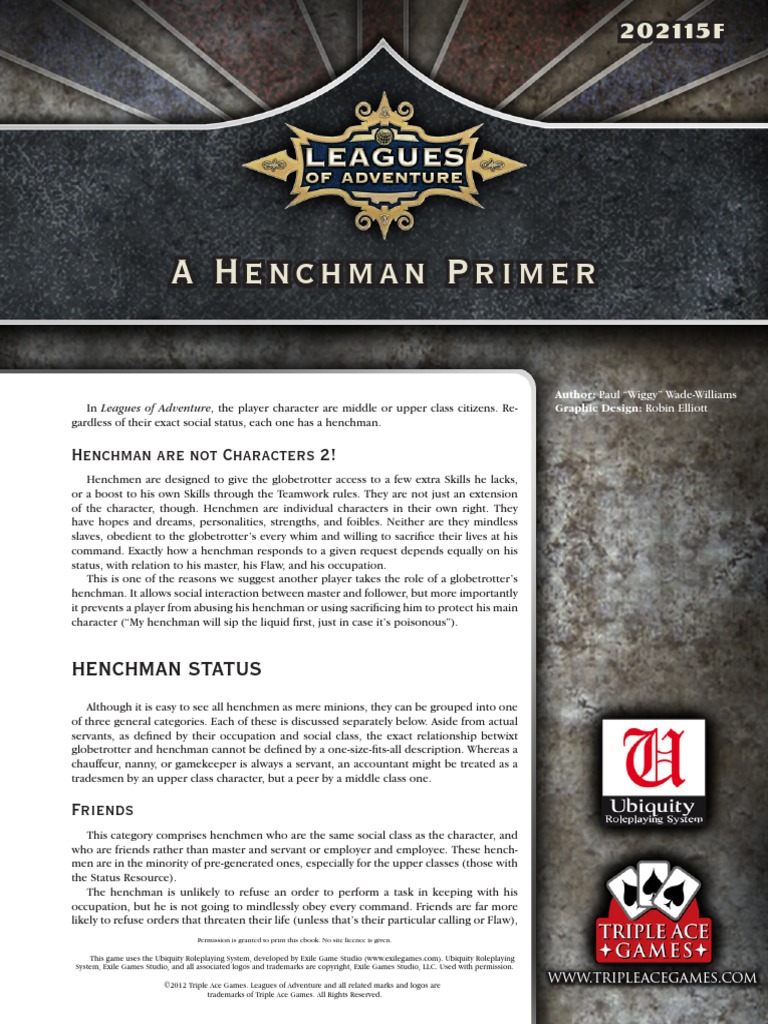 Ubiquity - League of Adventurers A Henchmen Primer | PDF