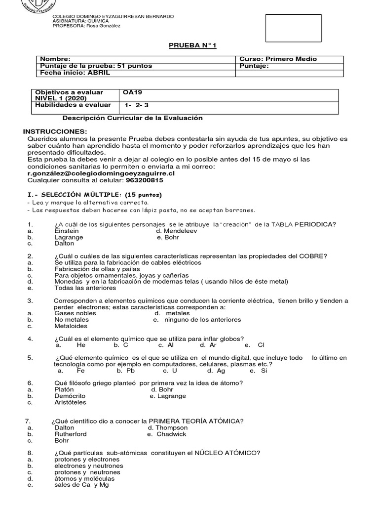 Prueba De Química Primero Medio Pdf átomos Química