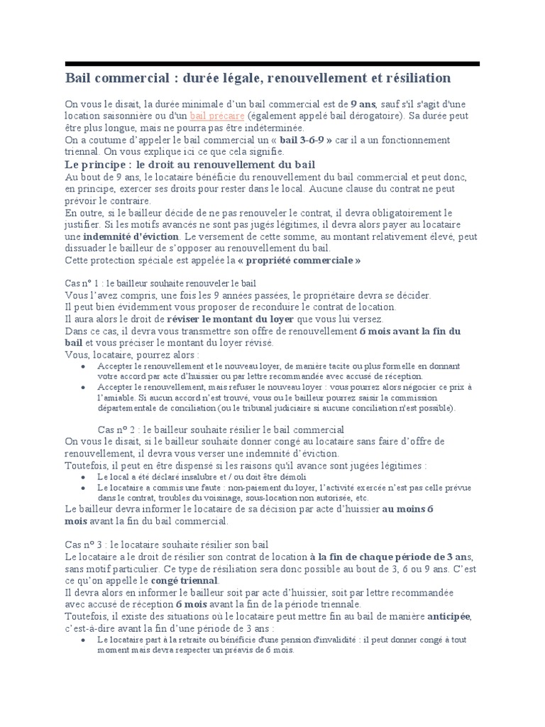 Renouvellement et résiliation bail commercial | PDF | Location | Droit ...