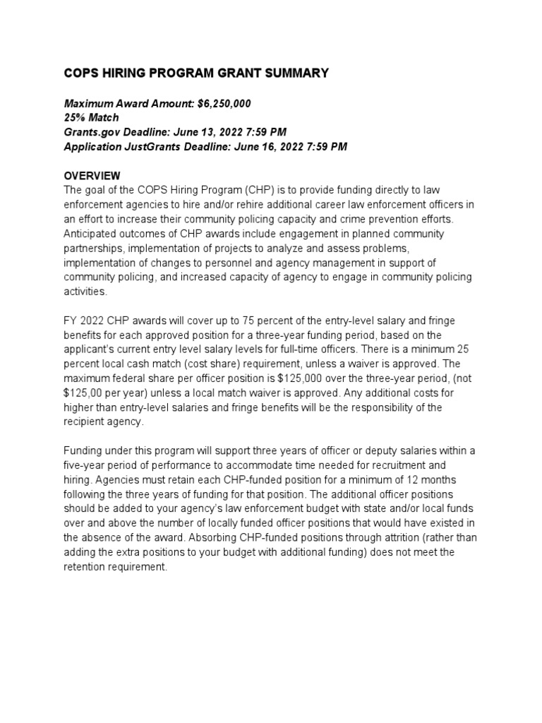 Cops Hiring Program Grant Summary B | PDF | Police Officer | Police