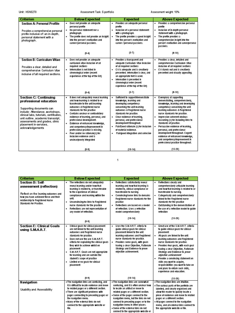 Rubirc - Assessment Criteria E Portfolio HSNS270 | PDF | Nursing | Résumé