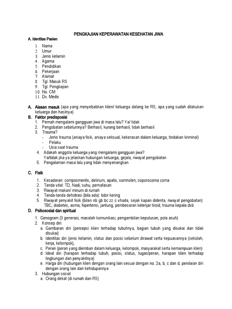 Format Pengkajian Keperawatan Jiwa | PDF | Kesehatan Holistik | Sains ...