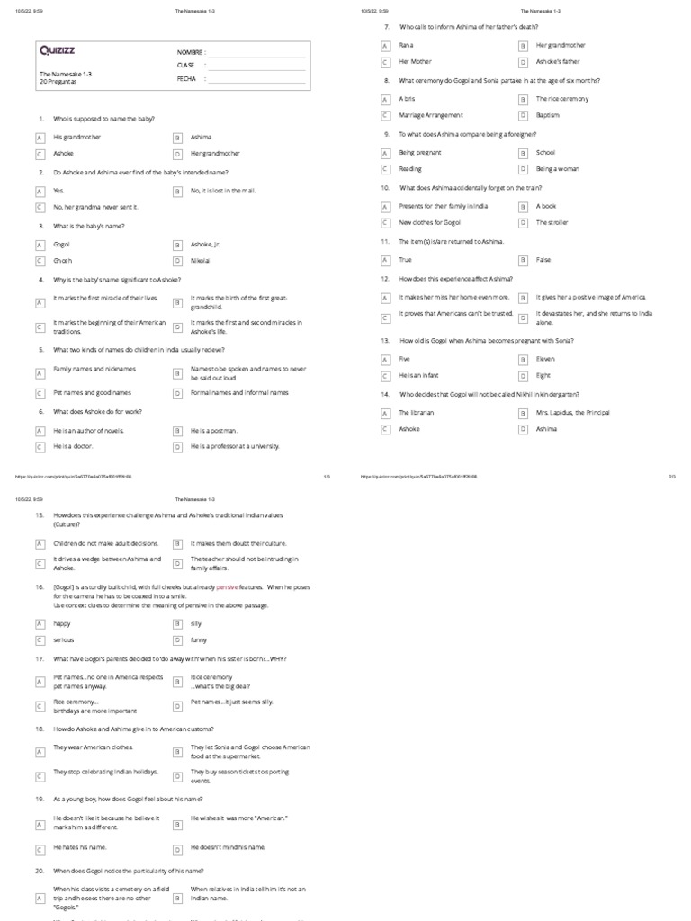 The Namesake 1-3 Quiz | PDF