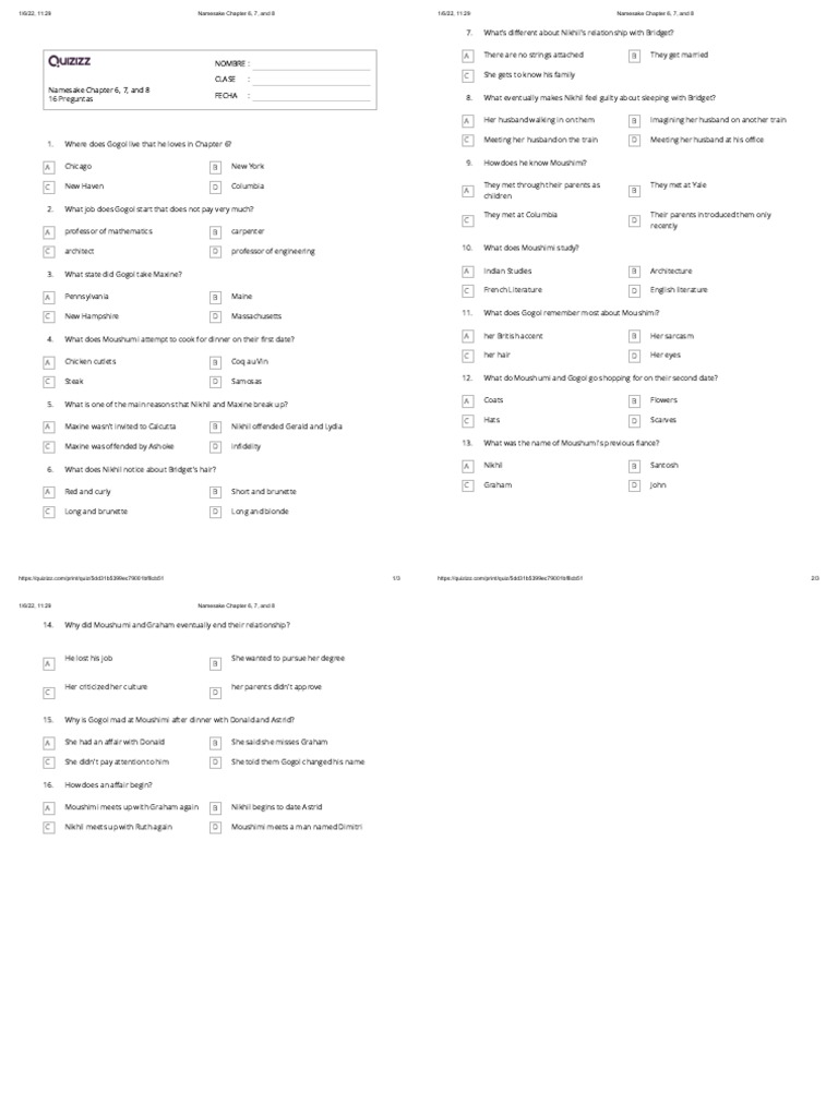 Namesake Chapters 6-8 Quiz Questions | PDF
