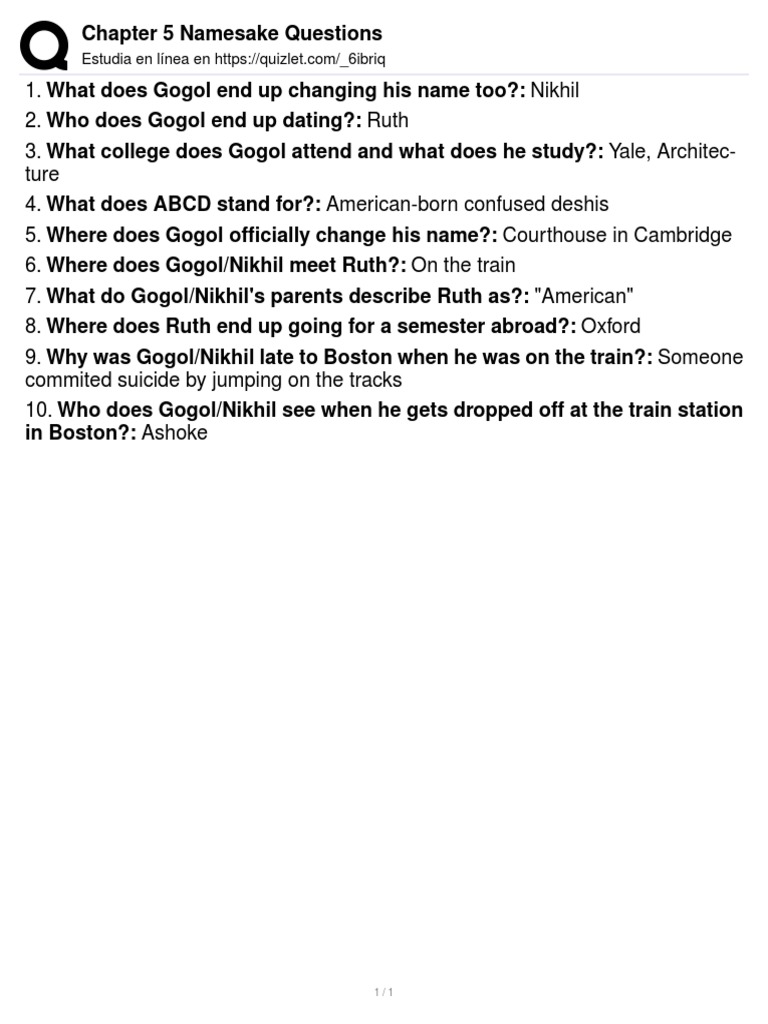 Chapter 5 Namesake Questions PDF | PDF