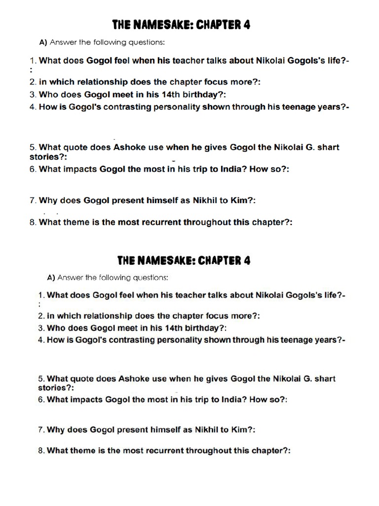 The Namesake Chapter 4 Questions | PDF