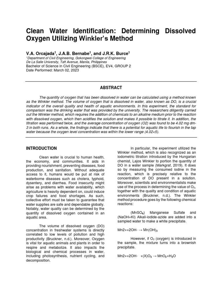 Clean Water Identification: Determining Dissolved Oxygen Utilizing ...