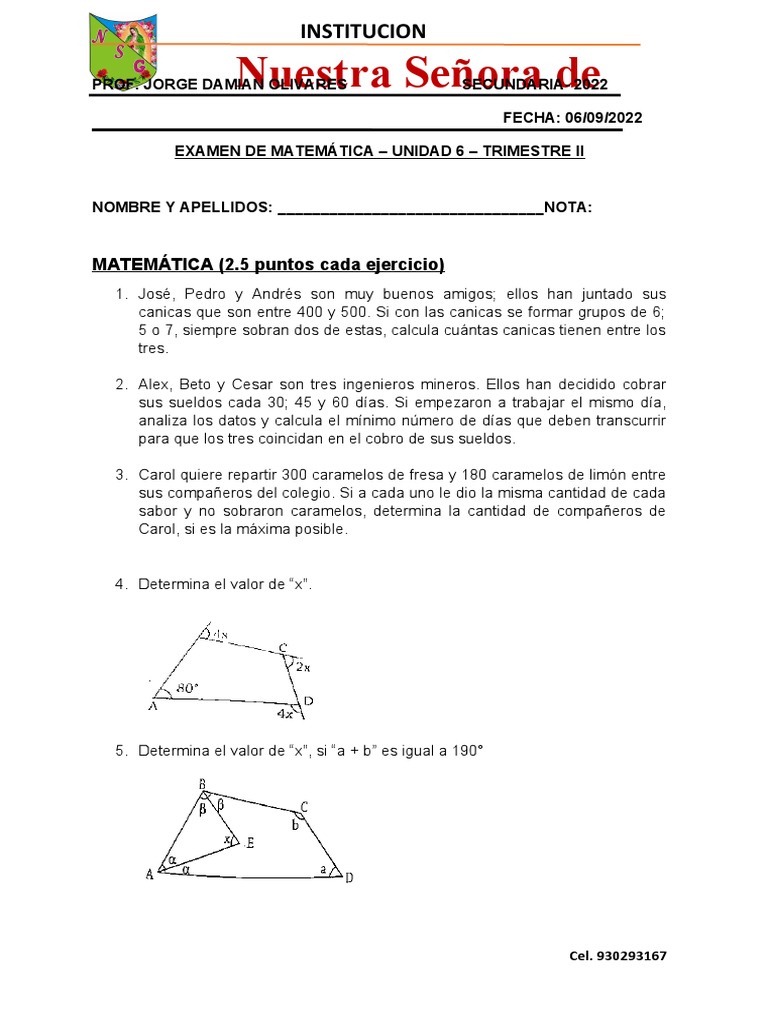 EXAMEN DE MATE 3y4 SEC 6 UNIDAD | PDF