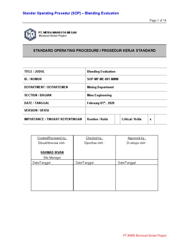 SOP MP ME 01 MMM - Blending - Evaluation | PDF SOP MP ME 01 MMM - Blending - Evaluation | PDF