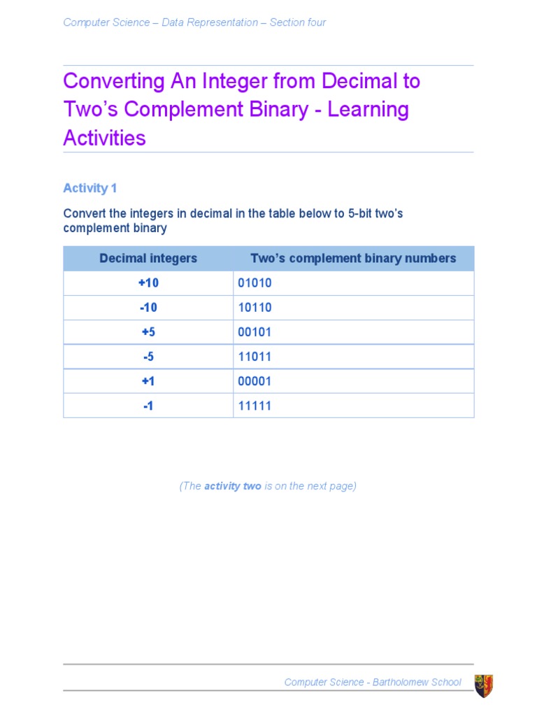 Converting 2's Complement Binary To Decimal - Data Representation | PDF Converting 2's Complement Binary To Decimal - Data Representation | PDF