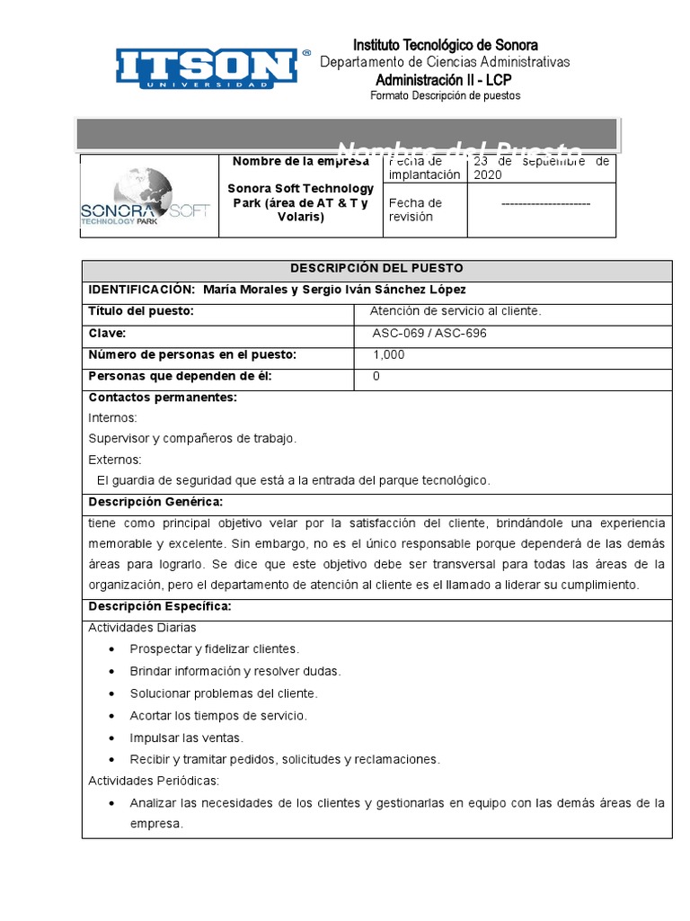 Formato Descripción de Puestos.doc | PDF | Servicio al Cliente | Cliente
