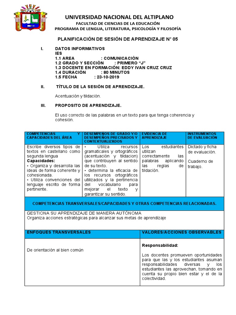 5 - SESIÓN-DE - Acentuacion Tildacion | PDF | Aprendizaje | Maestros