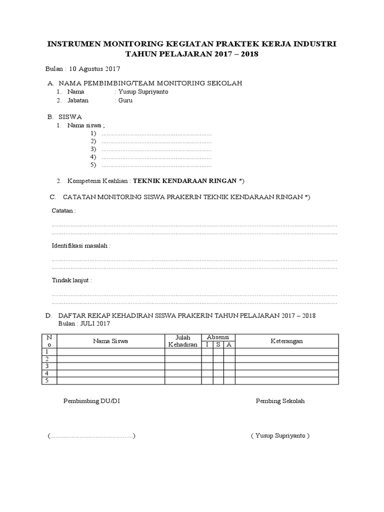 Lembar Monitoring PKL Siswa 2017-2018 | PDF