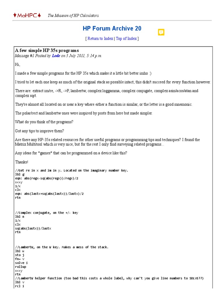 A Few Simple HP 35s Programs - Complex | PDF | Computing | Computer Science