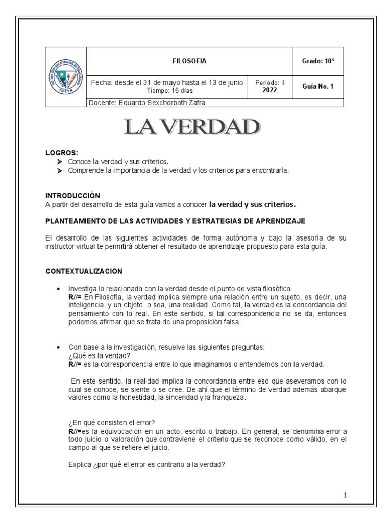 GUIA FILOSOFIA La Verdad | PDF | Verdad | Conocimiento
