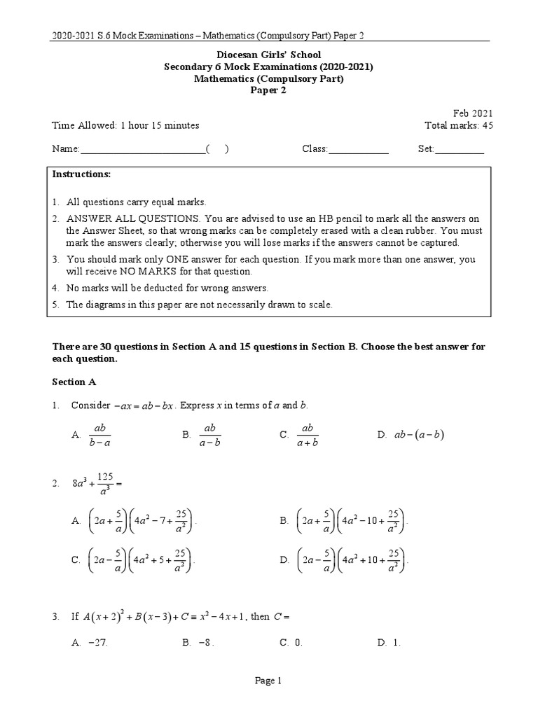 2020 Maths Mock P2 | PDF | Area | Numbers