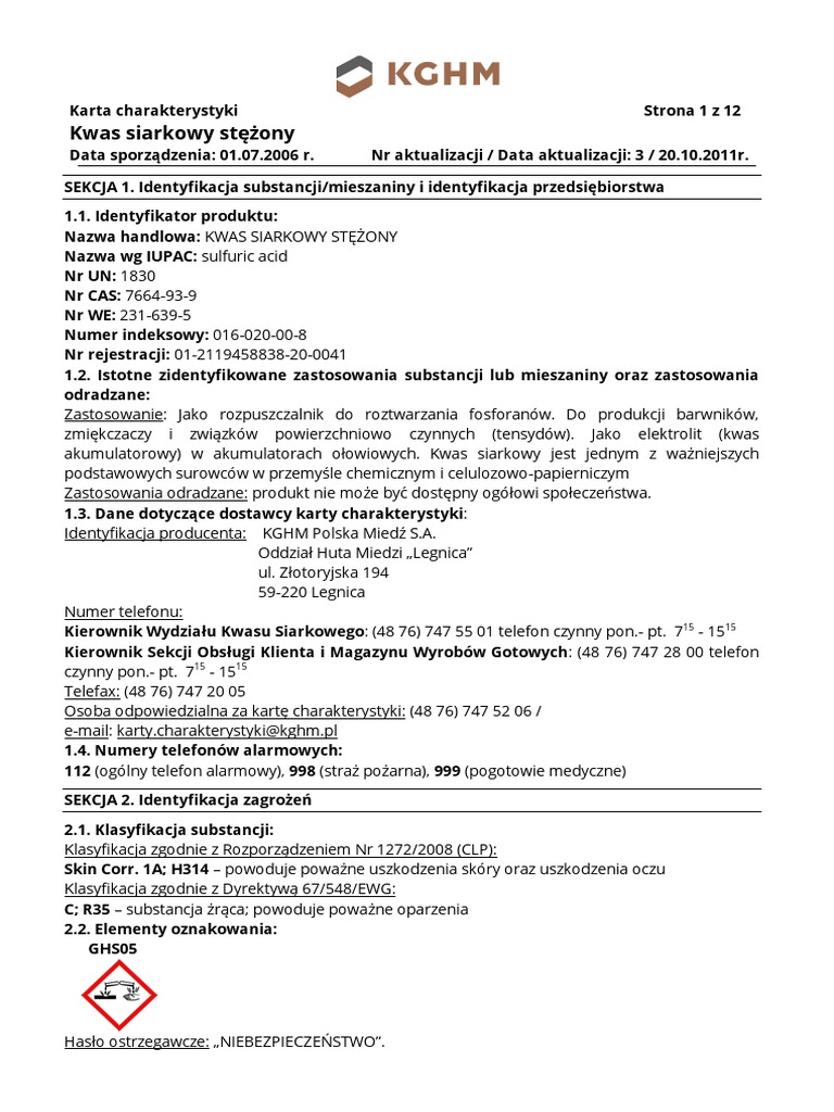 PL HML Karta Charakterystyki Kwas Siarkowy Stezony | PDF