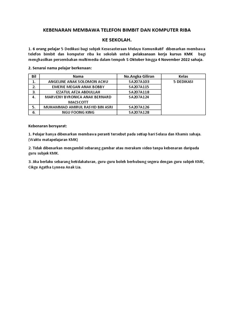 Kebenaran Membawa Telefon Bimbit Dan Komputer Riba | PDF