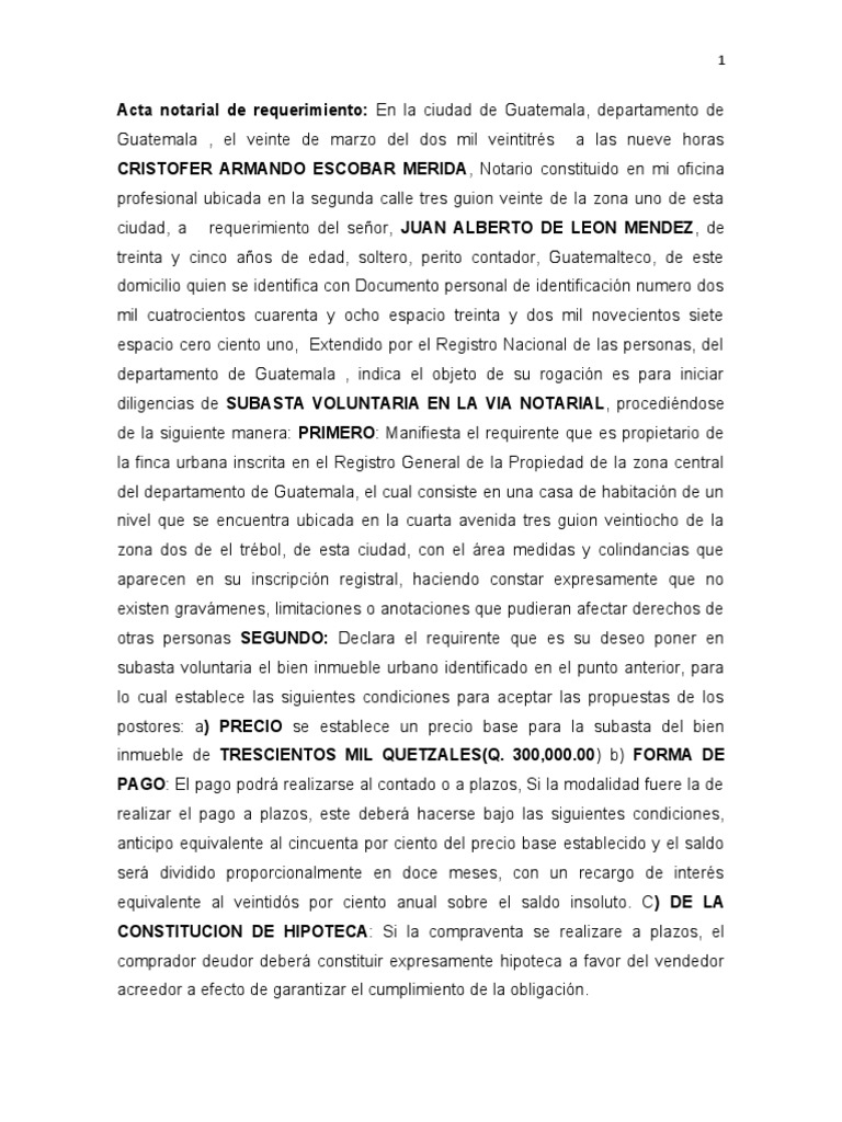 Acta Notarial de Subasta Voluntaria | PDF | Subasta | Pagos