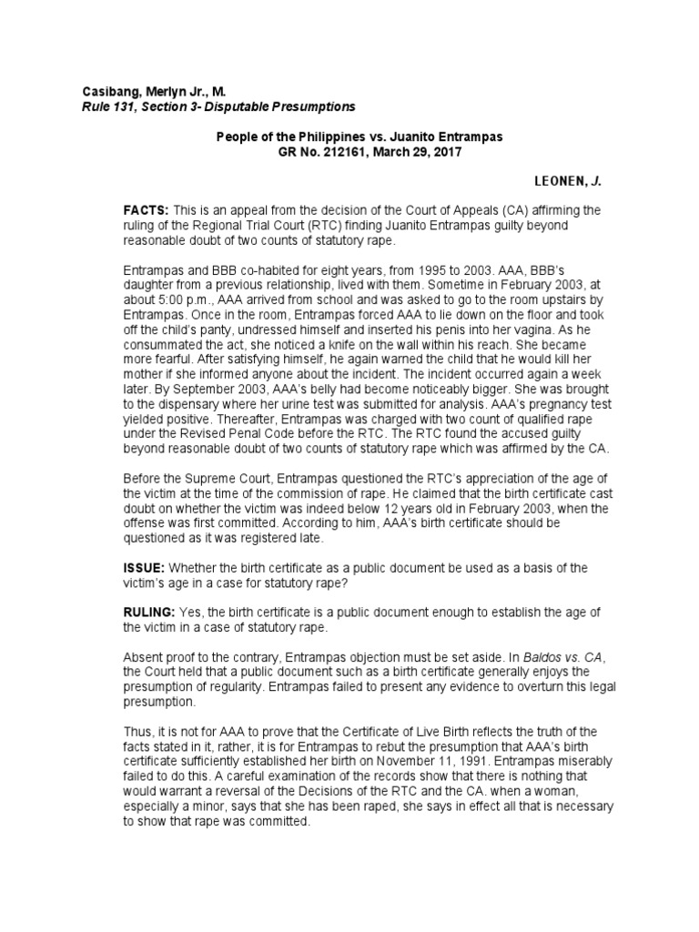 Case Digest On Disputable Presumptions | PDF | Burden Of Proof (Law ...