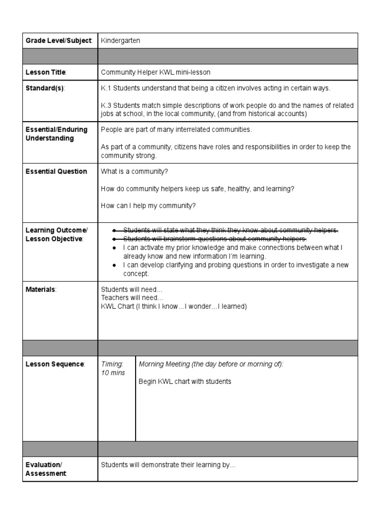 Community Helpers Lesson Plan for K-1 | PDF | Education Theory | Teaching